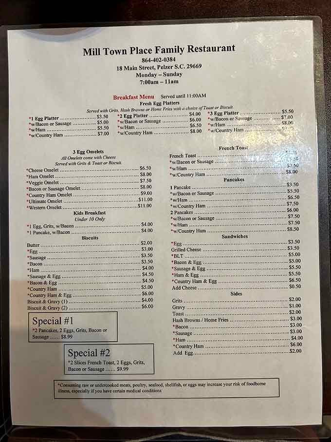This menu reads like a love letter to Southern breakfast, offering everything your heart desires before noon.