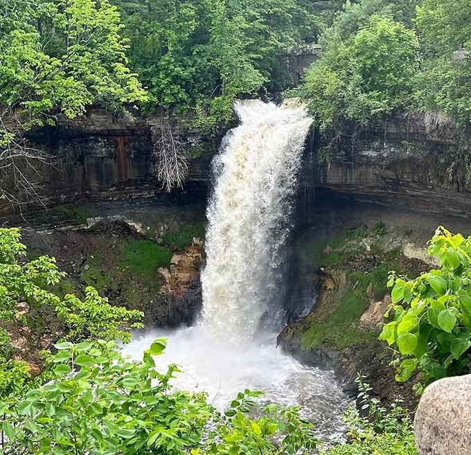 The falls roar with enough force to drown out traffic noise and make you forget civilization exists nearby.