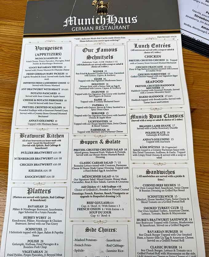 This menu reads like a love letter to Bavaria, featuring more schnitzel varieties than you knew existed.
