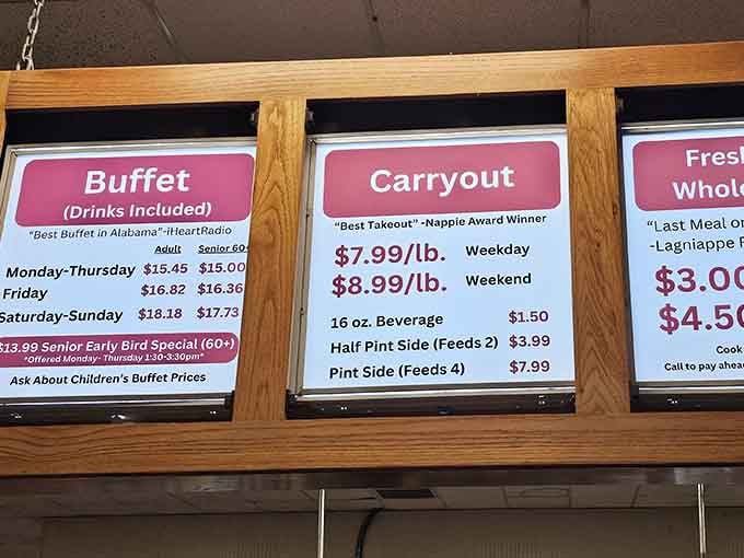 Clear pricing means no surprises, just straightforward value for folks who appreciate honest Southern cooking done right.