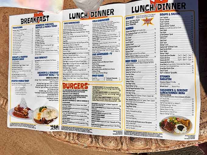 This menu reads like the greatest hits of American diner cuisine, and yes, you'll need reading glasses to take it all in.