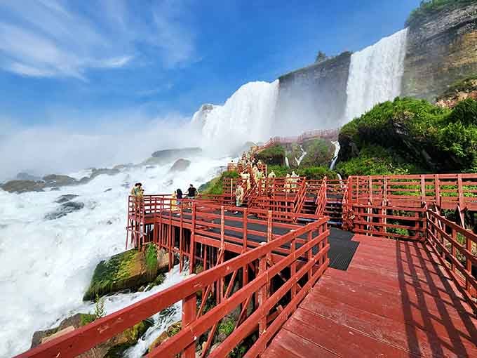 Cave of the Winds' red walkways lead you close enough to feel nature's power without expensive therapy.