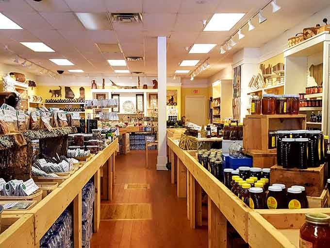 Local honey and artisanal goods remind you that shopping here supports more than just your wardrobe goals.