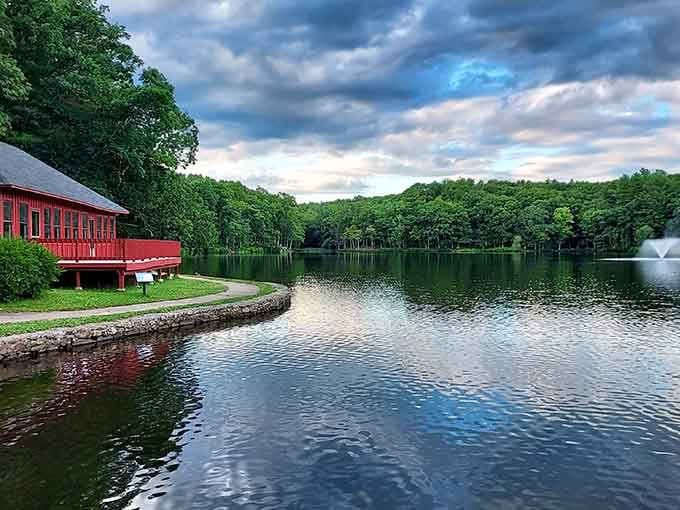 That red building and fountain create a scene so peaceful, even your blood pressure drops just looking at it.