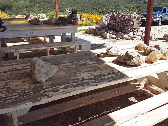 Massive mineral specimens scattered around the property hint at the geological treasures waiting beneath your feet.