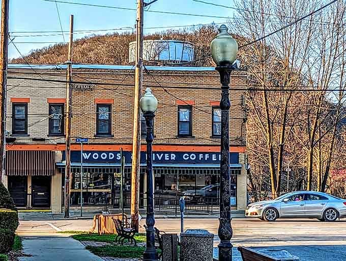 Woods & River Coffee serves up affordable caffeine fixes in a building that's seen more than a century of stories.