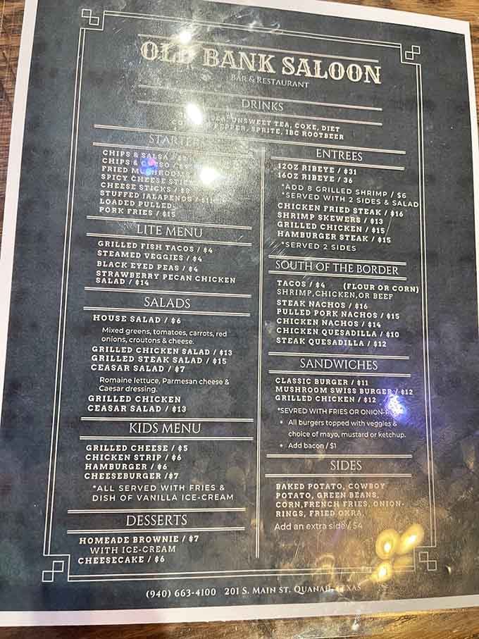 This menu reads like a love letter to Texas comfort food, from ribeyes to tacos to everything in between.