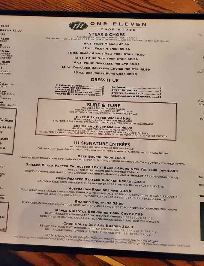This menu reads like a love letter to beef, offering cuts that'll make your carnivorous heart skip a beat.