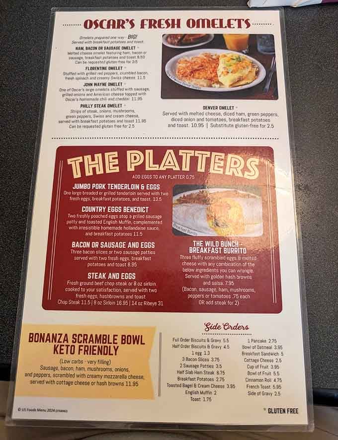 This menu reads like a love letter to breakfast, offering everything from keto-friendly bowls to chili-topped omelet adventures.