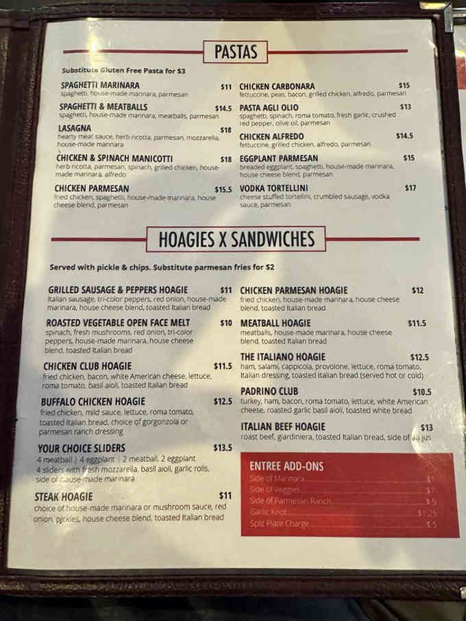 This menu is your roadmap to carb-loaded happiness, featuring everything from classic spaghetti to creative hoagies.