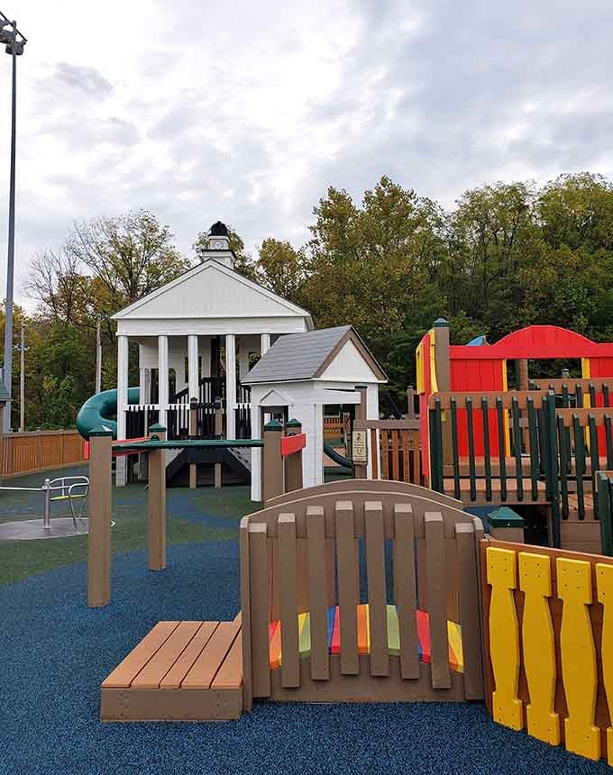 That miniature courthouse playground structure is pure genius, teaching kids about civic pride while they're having fun.