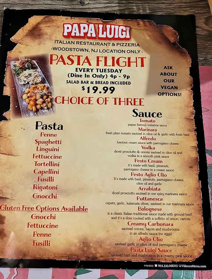 This menu reads like a love letter to carbohydrates, offering more pasta combinations than most people have socks.