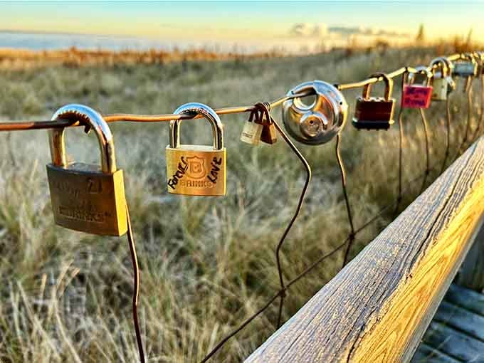 Love locks cling to weathered railings, proving romance thrives even in Minnesota's bracing lake breezes.
