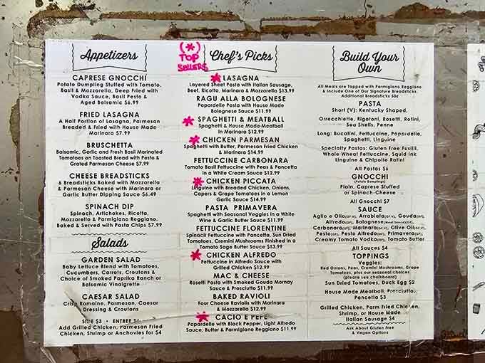 This menu reads like a love letter to Italian cuisine, offering everything from classic carbonara to creative specialties.