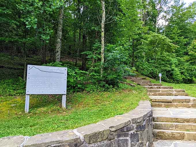 Stone steps climb toward adventure while the trailhead sign promises elevation gains your knees might later question, but won't regret.