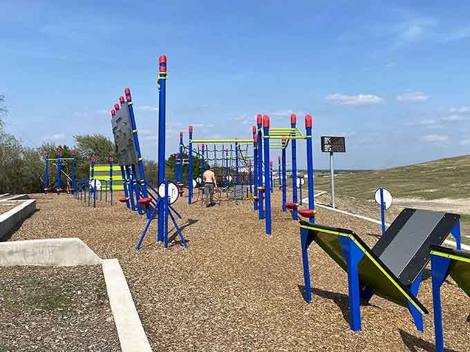 The ninja warrior course stretches across the landscape, turning ordinary Saturday afternoons into athletic adventures.