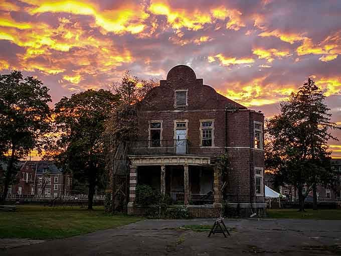 Mother Nature meets abandoned institution in this sunset view that could grace a thousand postcards.