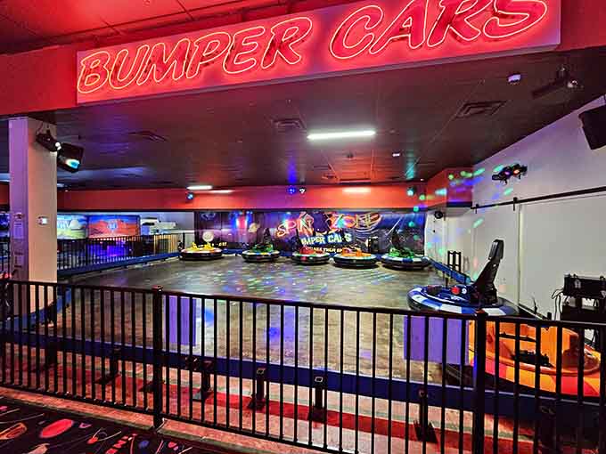 Bumper cars await under vibrant lights, ready to settle family debates the old-fashioned way.