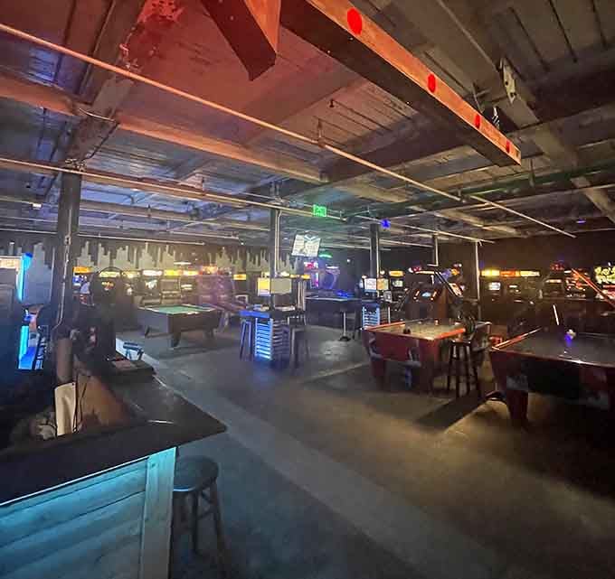 Step into this sprawling wonderland where industrial chic meets arcade nostalgia in the most delightful way possible.