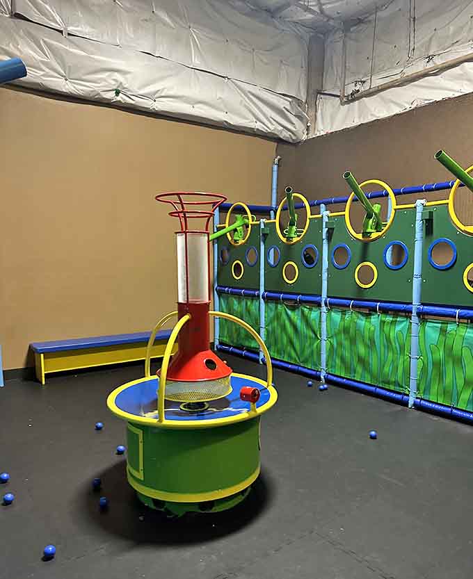 The ball cannon area turns physics into pure joy, proving that learning can happen when kids think they're just playing.