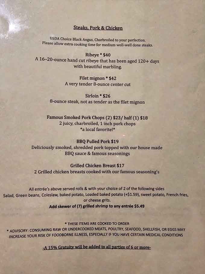 This menu doesn't mess around: aged ribeye, tender filet, and those famous pork chops everyone keeps talking about.