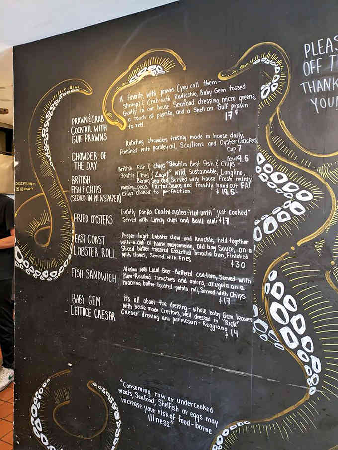 That chalkboard menu is like a love letter to sustainable seafood, beautifully illustrated and deliciously tempting.