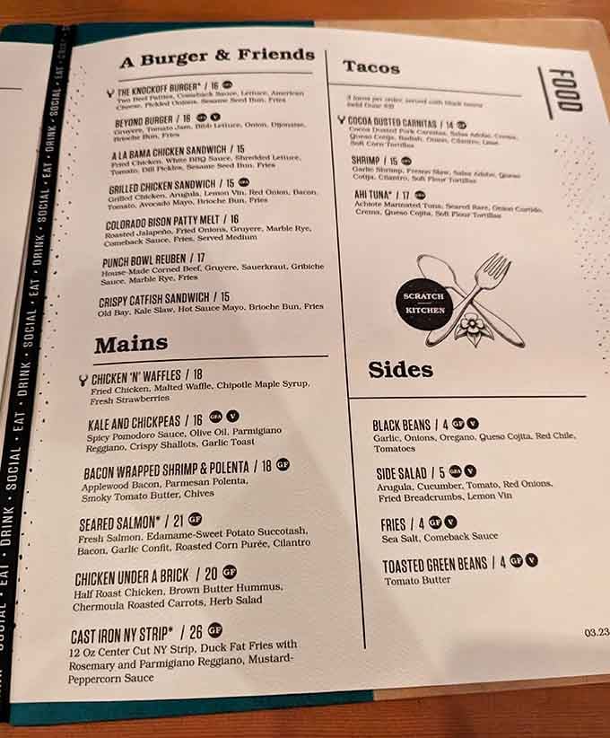 The menu reads like a greatest hits album, offering everything from chicken and waffles to steak.