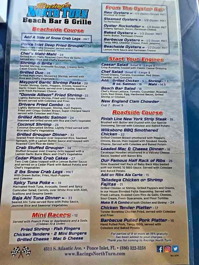 The menu reads like a love letter to Florida's coastal waters, with racing-themed names that'll make you smile.