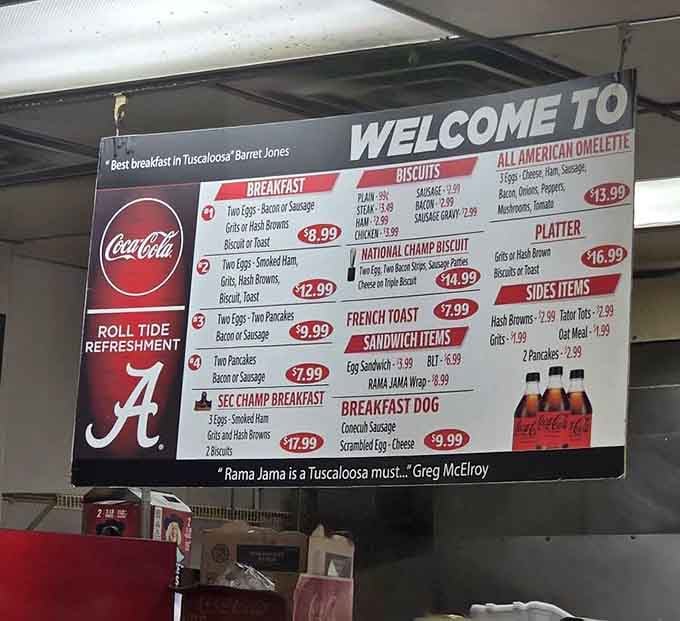 The menu board promises sustenance, but that "Roll Tide Refreshment" line suggests this place understands what really matters in Tuscaloosa.