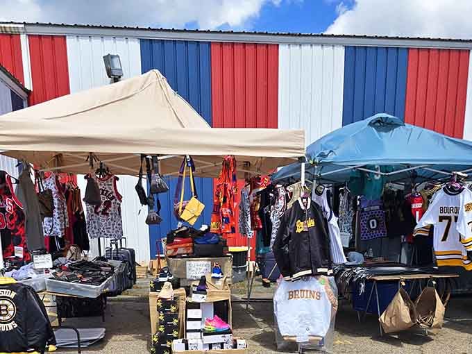 Browse through a fantastic variety of sports apparel and unique finds at this lively outdoor market under the blue sky.
