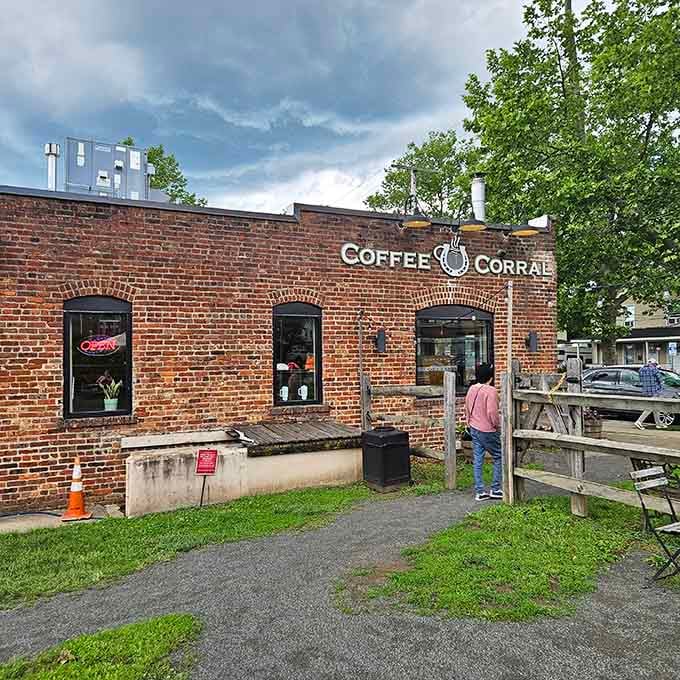Coffee Corral's rustic brick exterior promises the kind of caffeine sanctuary every antique hunter needs mid-treasure hunt.