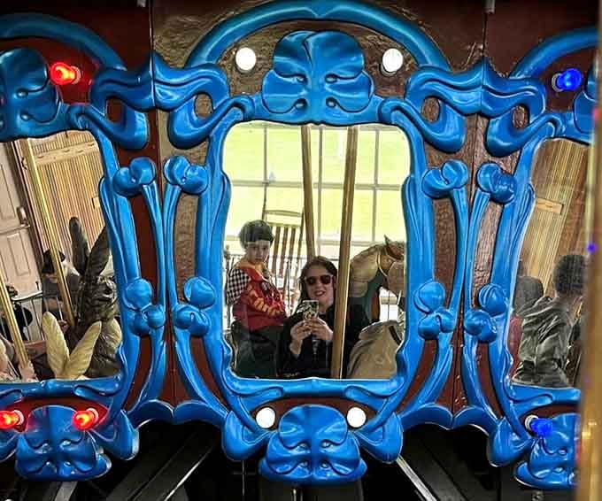 That ornate blue mirror frame isn't just decoration, it's your chance to see yourself grinning like it's 1952.