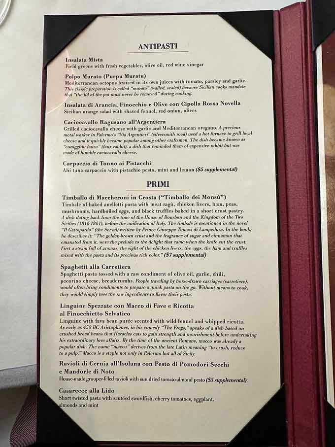 This menu reads like a Italian geography lesson, with dishes representing regions from Sicily to Piedmont.