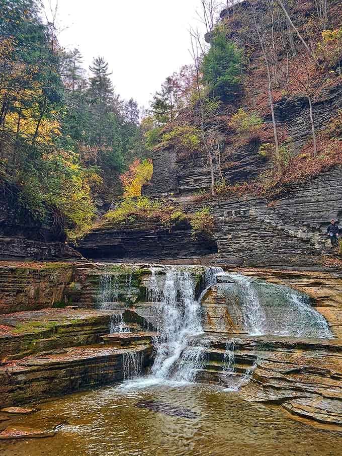 Lucifer Falls cascades over ancient rock layers, proving that sometimes the devil's in the delightful details of upstate New York geology.