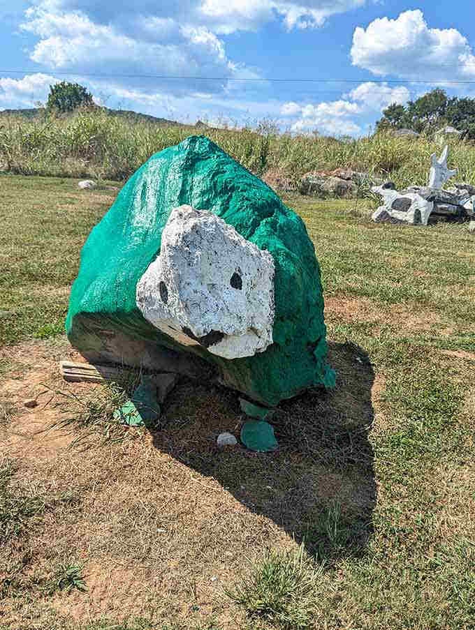 This turtle's going nowhere fast, which is pretty much on-brand for turtle behavior anyway, painted or not.