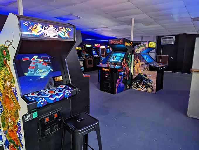 The blue glow creates an atmosphere that's part Tron, part teenage dream, and entirely dedicated to the art of having a blast.