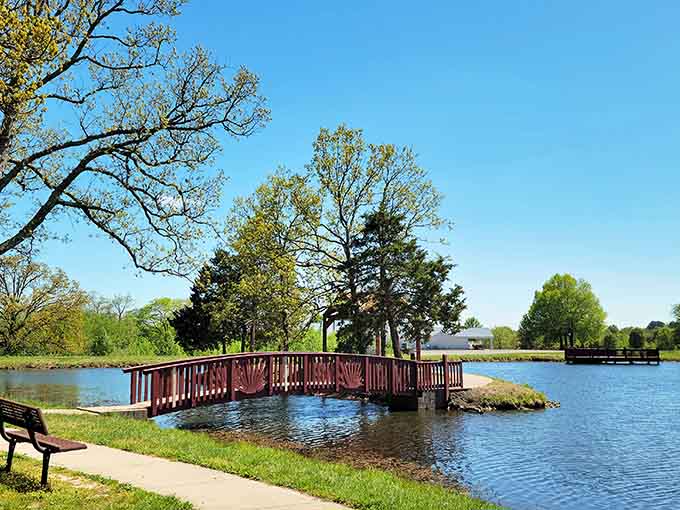 That footbridge over tranquil water invites leisurely strolls where ducks outnumber your daily worries considerably.
