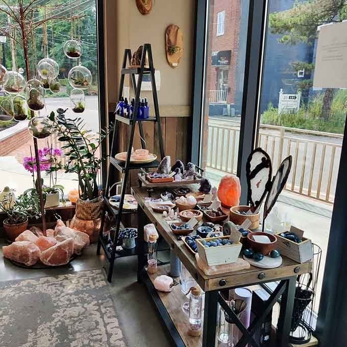 Natural light streams through windows while crystals and salt lamps create an atmosphere of pure tranquility.