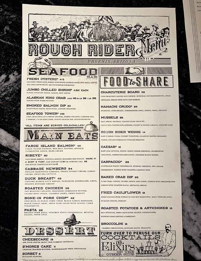 A menu that reads like a Wild West fever dream written by someone who actually knows food.