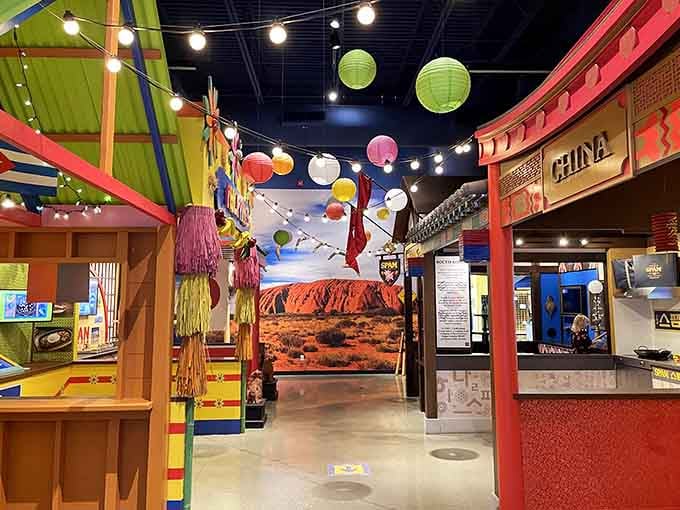 Inside, colorful lanterns and international market stalls celebrate SPAM's unexpected journey from Minnesota to worldwide phenomenon.