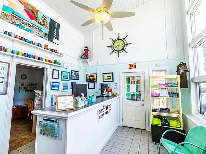 The check-in office feels like stepping into a coastal time capsule, complete with nautical charm and genuine hospitality.