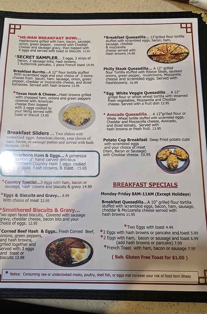 This menu reads like a love letter to breakfast, offering everything from simple eggs to elaborate quesadillas.