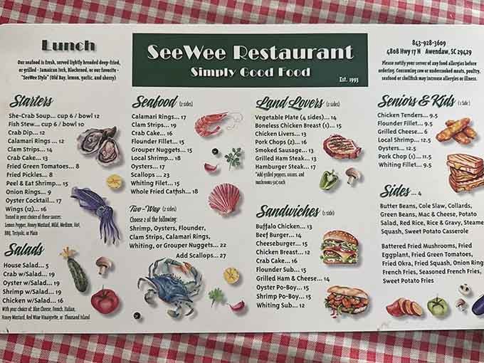 The menu reads like a love letter to fried seafood and Southern comfort classics.