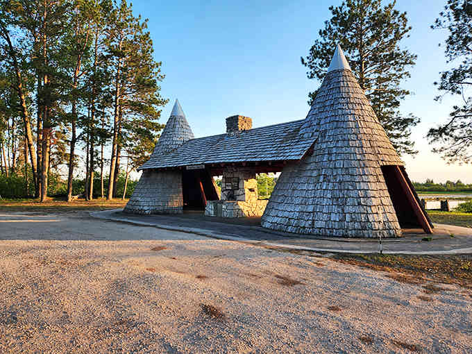 This charming shelter looks like something from a fairy tale, complete with cone-topped towers framing wetland views.