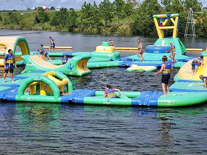 The obstacle course stretches across the lake like a colorful challenge to your coordination and your dignity.