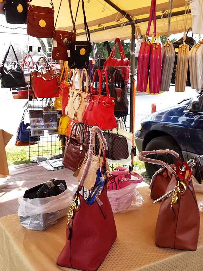 Leather bags in every shade dangle like a rainbow of possibilities waiting for their next adventure.