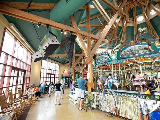 Cathedral ceilings meet carousel magic in a space that feels both grand and wonderfully intimate.