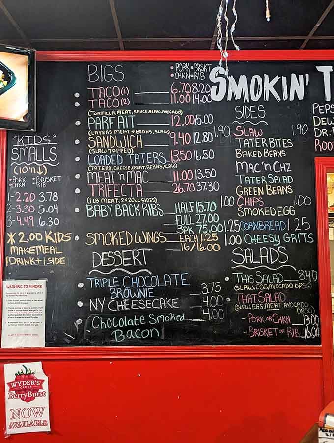 That chalkboard menu is your roadmap to smoky bliss, complete with chocolate smoked bacon for dessert.
