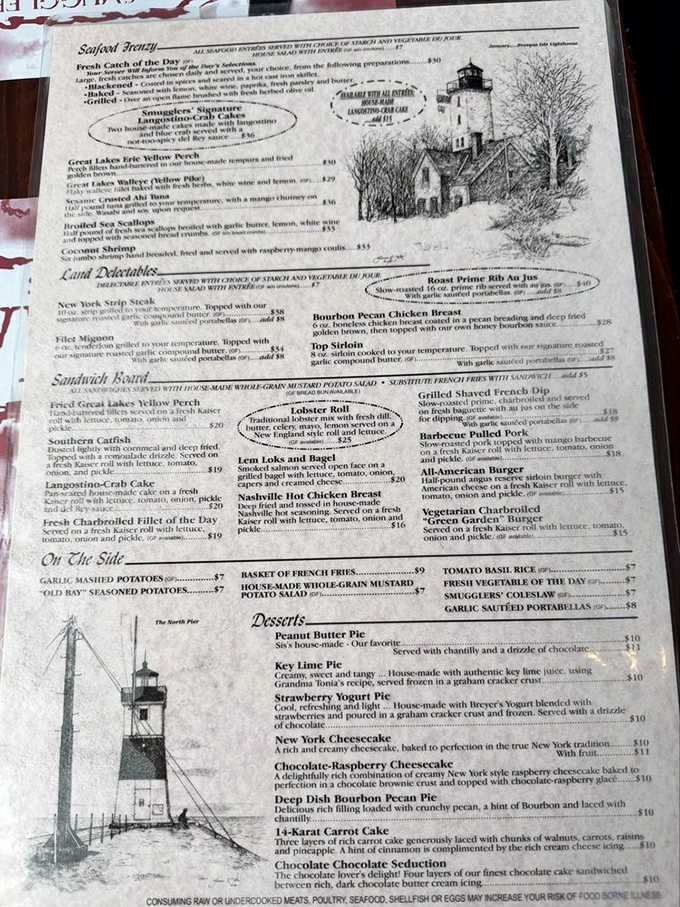 A menu featuring lighthouse illustrations and fresh catch options proves Erie takes its lakeside dining seriously and deliciously.