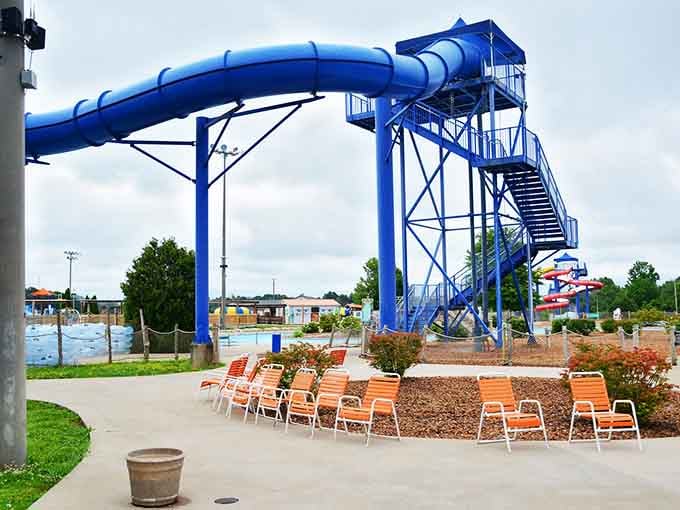 That brilliant blue slide tower stands ready to test your courage and possibly your lunch-holding abilities.